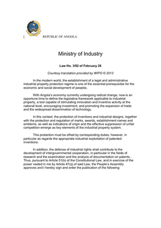 Law No. 3/92 of February 28, 1992, on Industrial Property | AMP EID